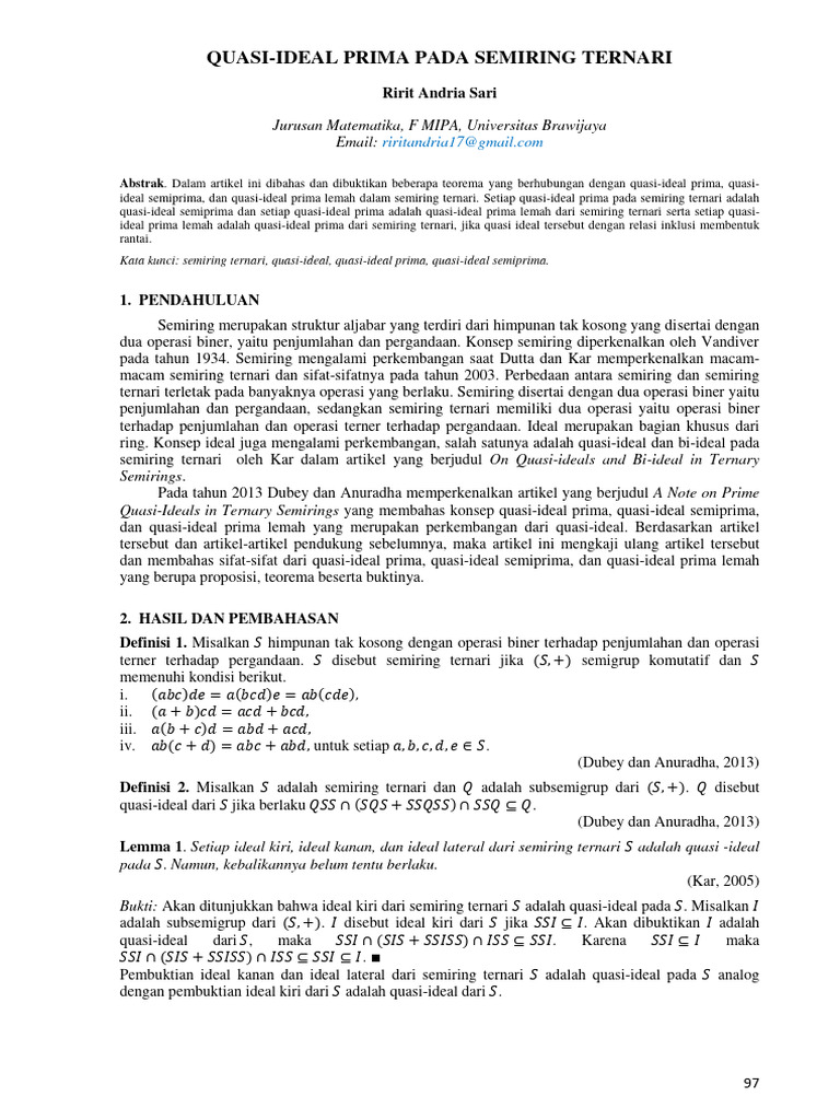 Quasi-Ideal Prima Pada Semiring Ternari: Jurusan Matematika, F MIPA, Universitas Brawijaya Email ...