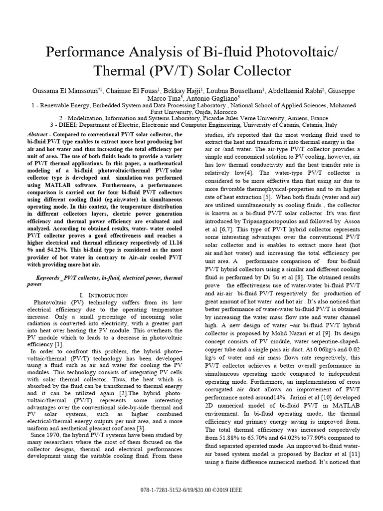 Performance Analysis of Bi-Fluid Photovoltaic - Thermal (PV-T) Solar Collector | PDF ...