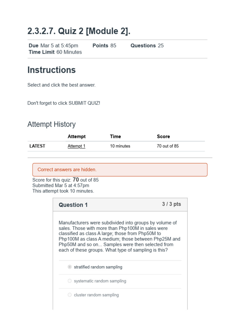2.3.2.7. Quiz 2 (Module 2) | PDF | Sampling (Statistics) | Statistics