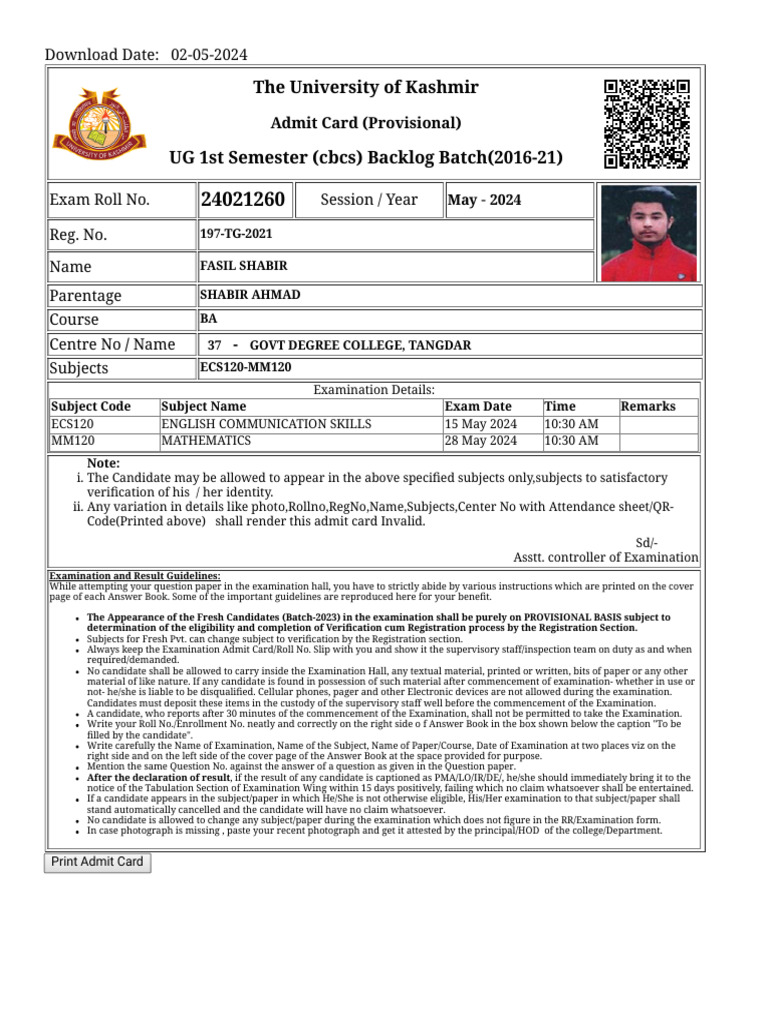 Admit Card 1st Sem | PDF