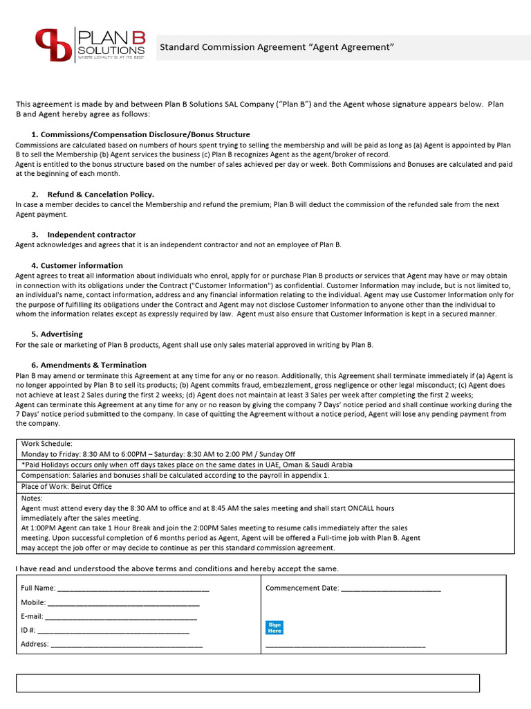 Plan B Agent Commission Agreement | PDF | Employment | Business