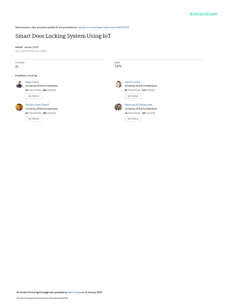 Smart Door Locking System Using IoT | PDF | Arduino | Internet Of Things