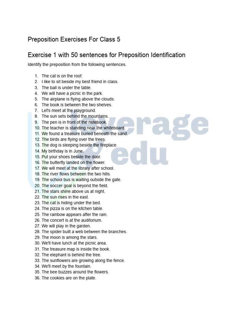 Preposition Exercises for Class 5 | PDF