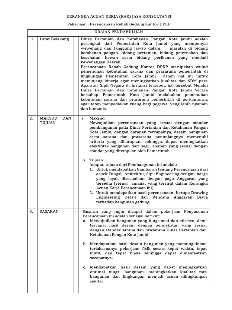 KERANGKA ACUAN KERJA (KAK) PERENCANAAN REHAB 15 JT Rev | PDF