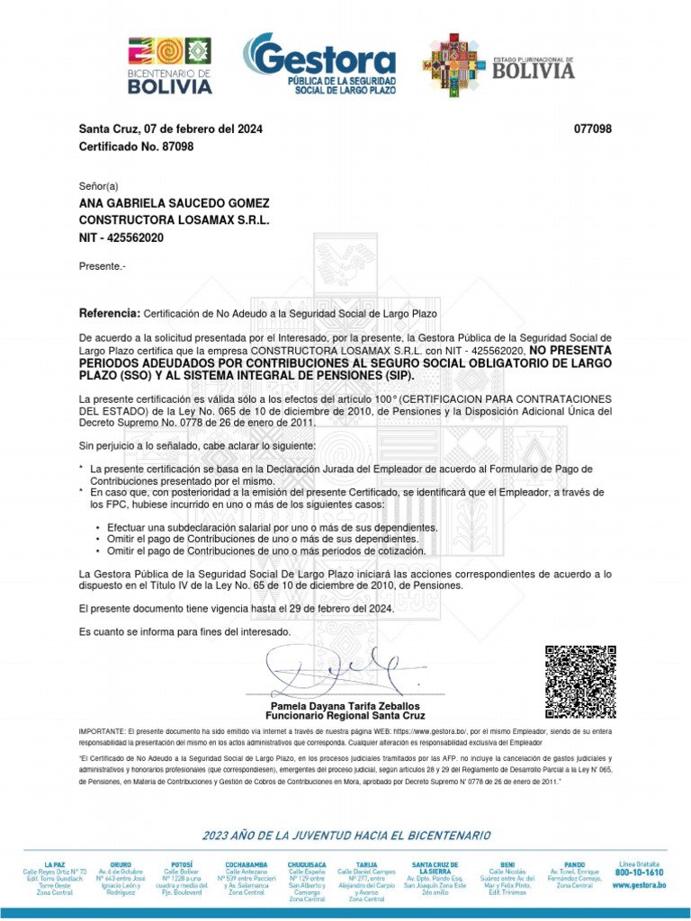 Certificado No Adeudado Gestora Publica | PDF | Pensión | Gobierno