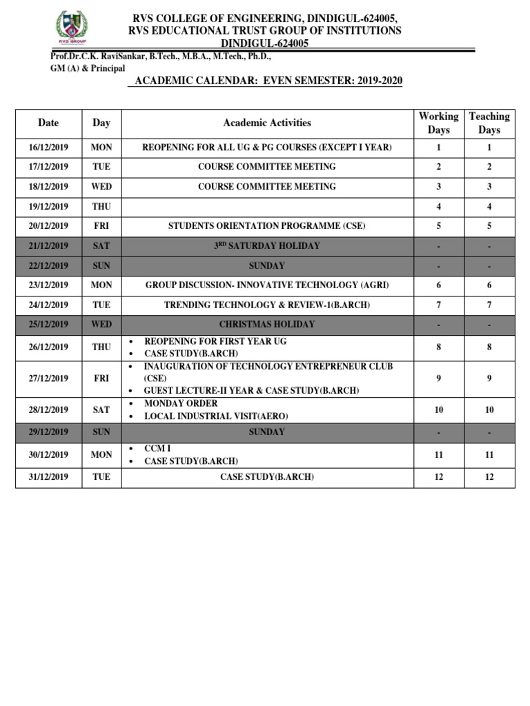 Academic Calendar RVSCE & RVSETGI Even Semester 2019-20 Final | PDF | Academic Term | Qualifications