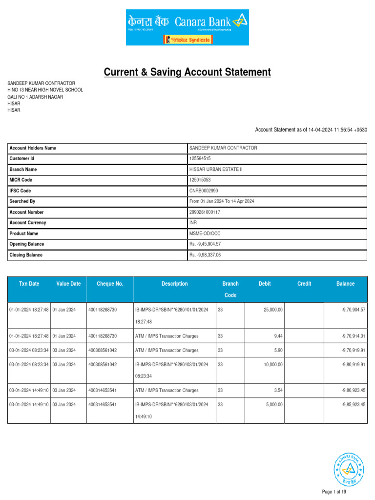 Current & Saving Account Statement | PDF | Debit Card | Cheque