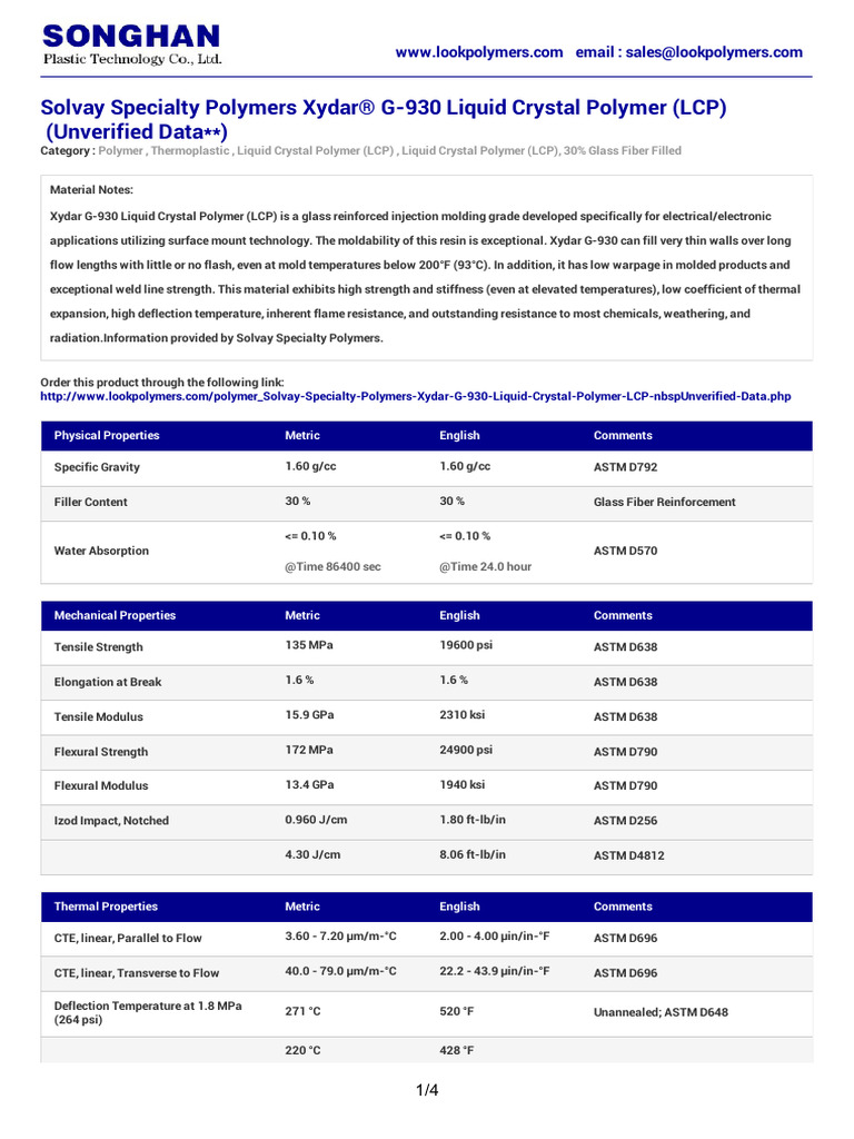 Solvay Specialty Polymers Xydar G 930 Liquid Crystal Polymer LCP ...