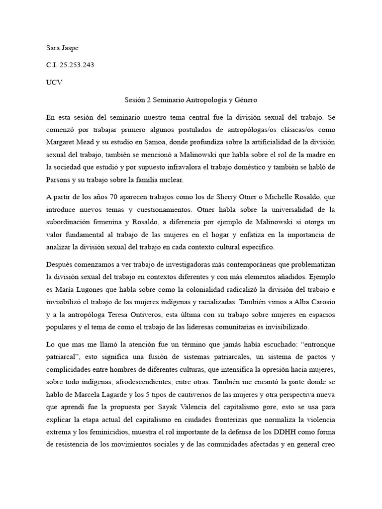 Seminario Antrop y Genero - Sara Jaspe - UCV - 2 | PDF | Educación en ...