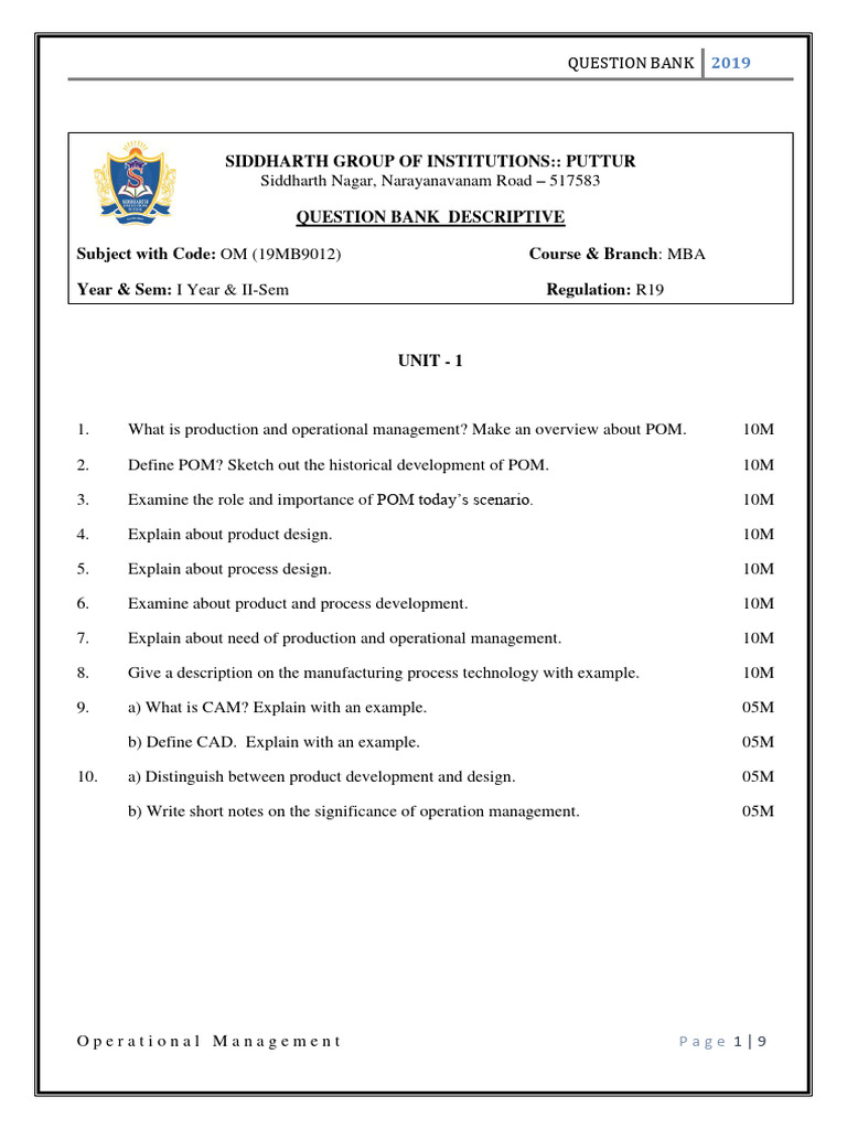 Operational Management Question Bank 2019 | PDF | Warehouse | Clinic