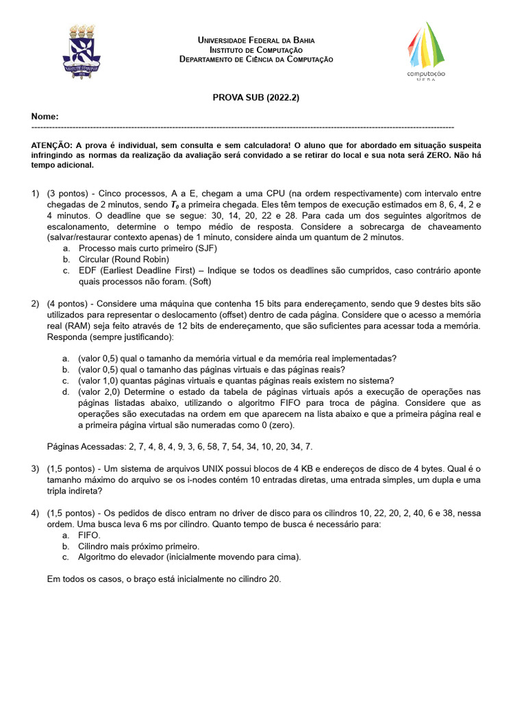 Prova Sub - Sistemas Operacionais UFBA - Maycon Leone | Download grátis PDF | Drive de disco ...