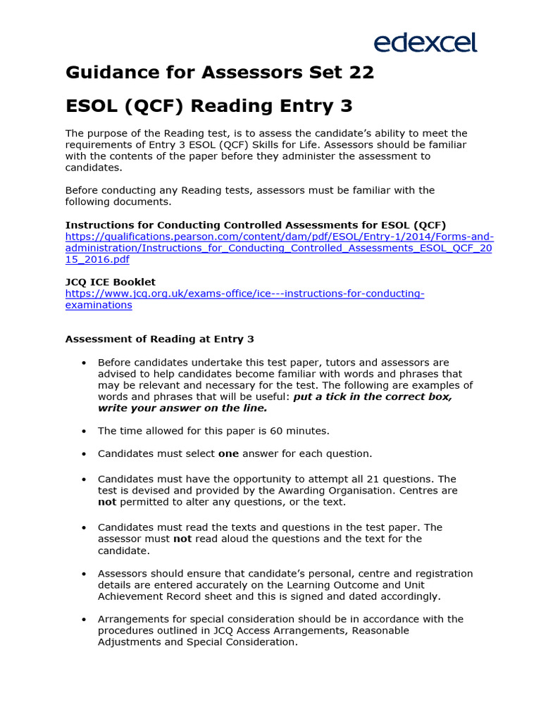 ESOL Entry 3 Reading Test Guidance | PDF | English As A Second Or ...