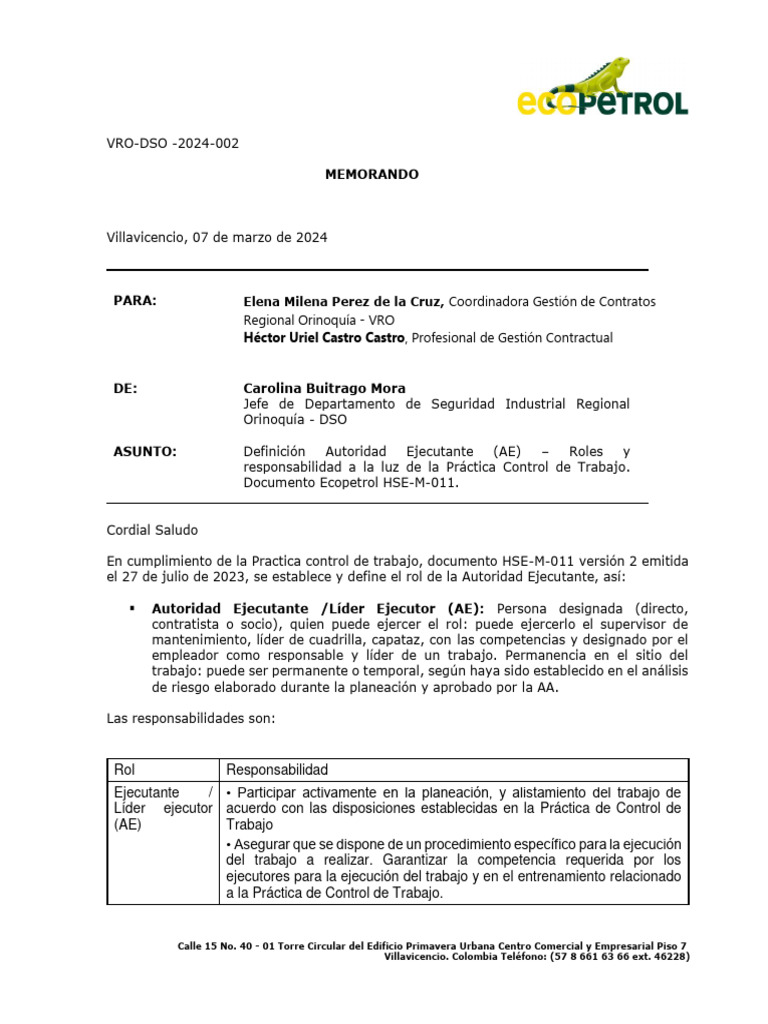 Memorando - Definición de Roles y Responsabilidades de Autoridades ...