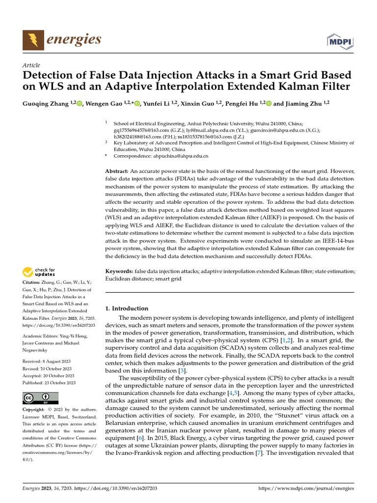 Detection Of False Data Injection Attacks In A Sma Pdf Applied