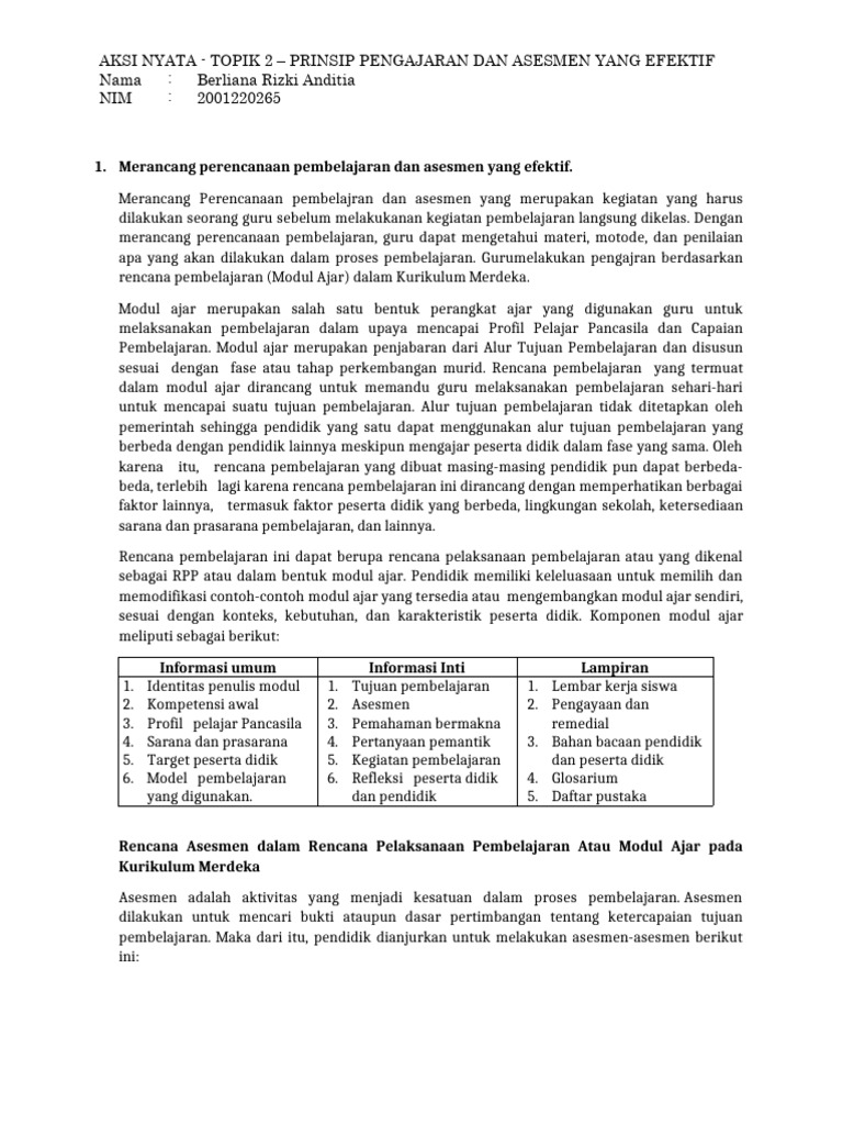 Aksi Nyata Topik 2 - Pengajaran Dan Asesmen | PDF