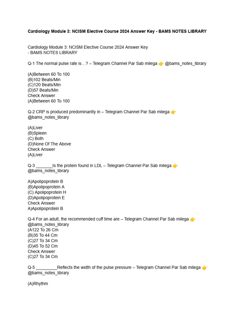 Cardiology Module 3 - NCISM Elective Course 2024 Answer Keyn - BAMS ...