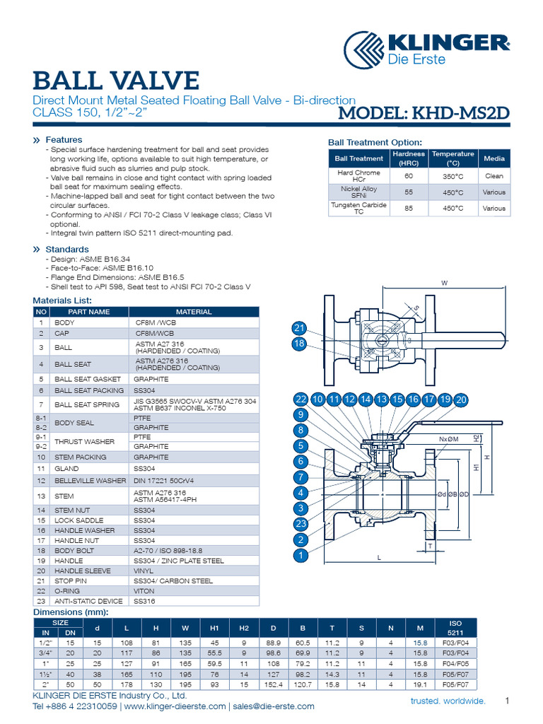 Ball Valve KHD MS2D Data Sheet | PDF | Washer (Hardware) | Valve