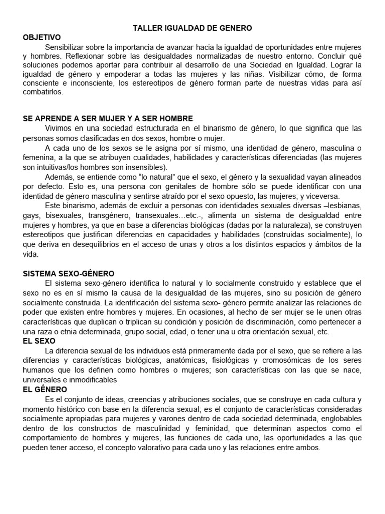 Taller sobre Igualdad de Género | PDF | Estudios de género | Igualdad ...