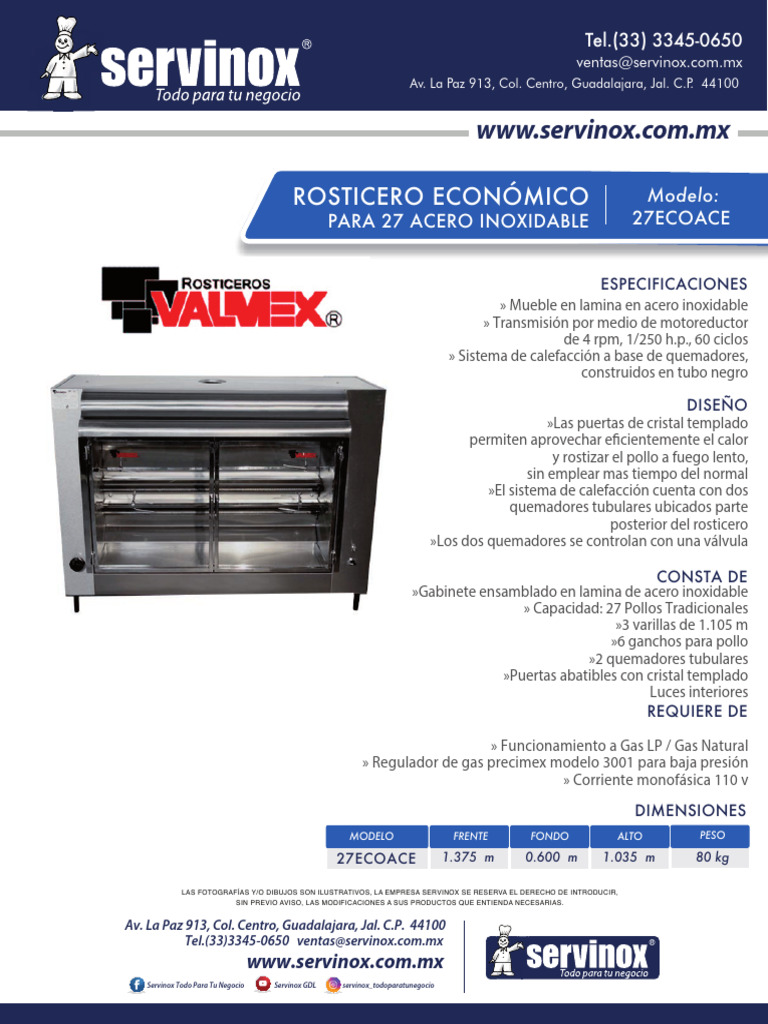 Rosticero Economico Para 27 Pollos En Acero Inoxidable Valmex 27ECOACE ...