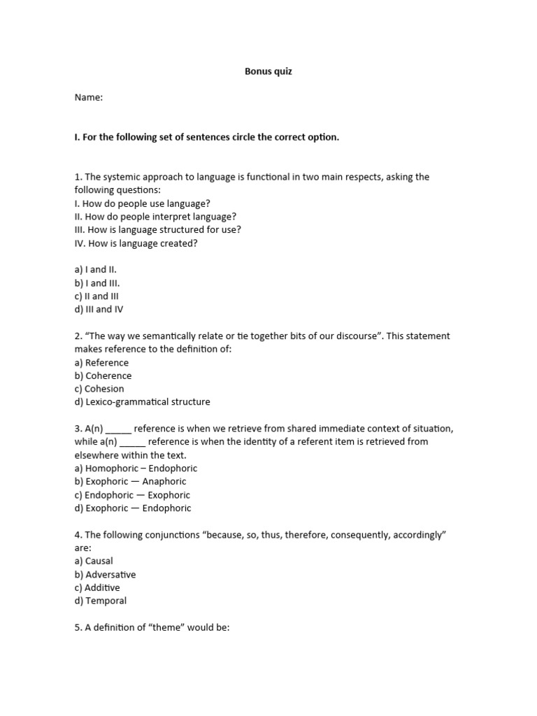 Bonus Quiz | PDF | Sentence (Linguistics) | Clause