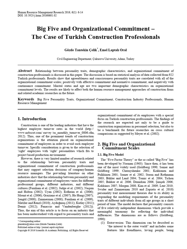 Big Five and Organizational Commitment - The Case of Turkish Construction Professionals | PDF ...