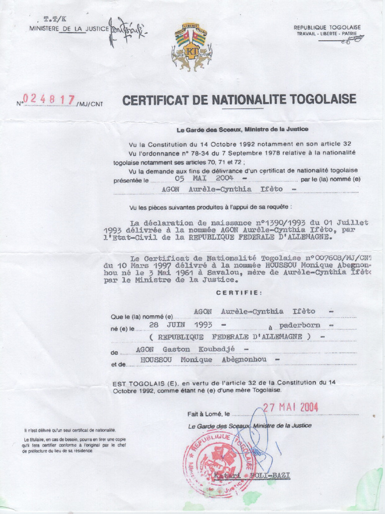 Certificat de Nationalité Togolaise (1) - 1 | PDF