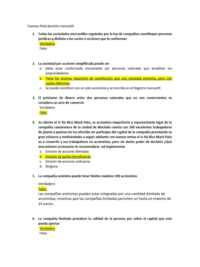 Examen Final Derecho Mercantil Con Respuestas | PDF | Sociedad de responsabilidad limitada | Ecuador