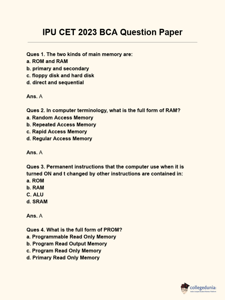IPU CET 2023 BCA Question Paper | PDF | Computer Data Storage | Random Access Memory