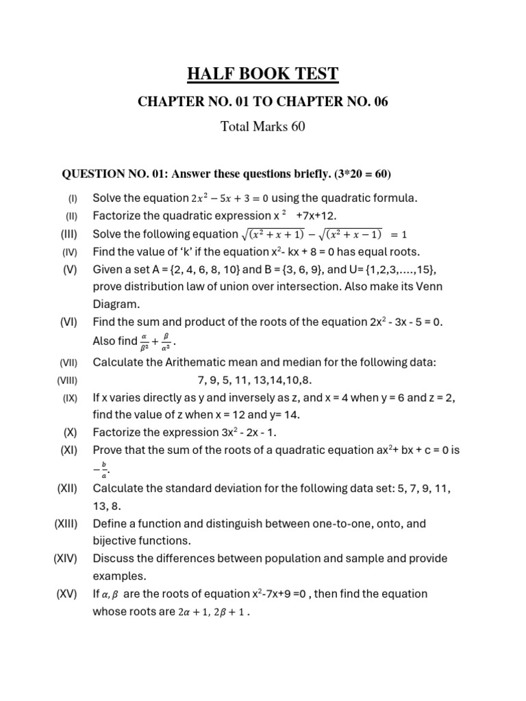 Half Book Test-1 | PDF | Equations | Quadratic Equation