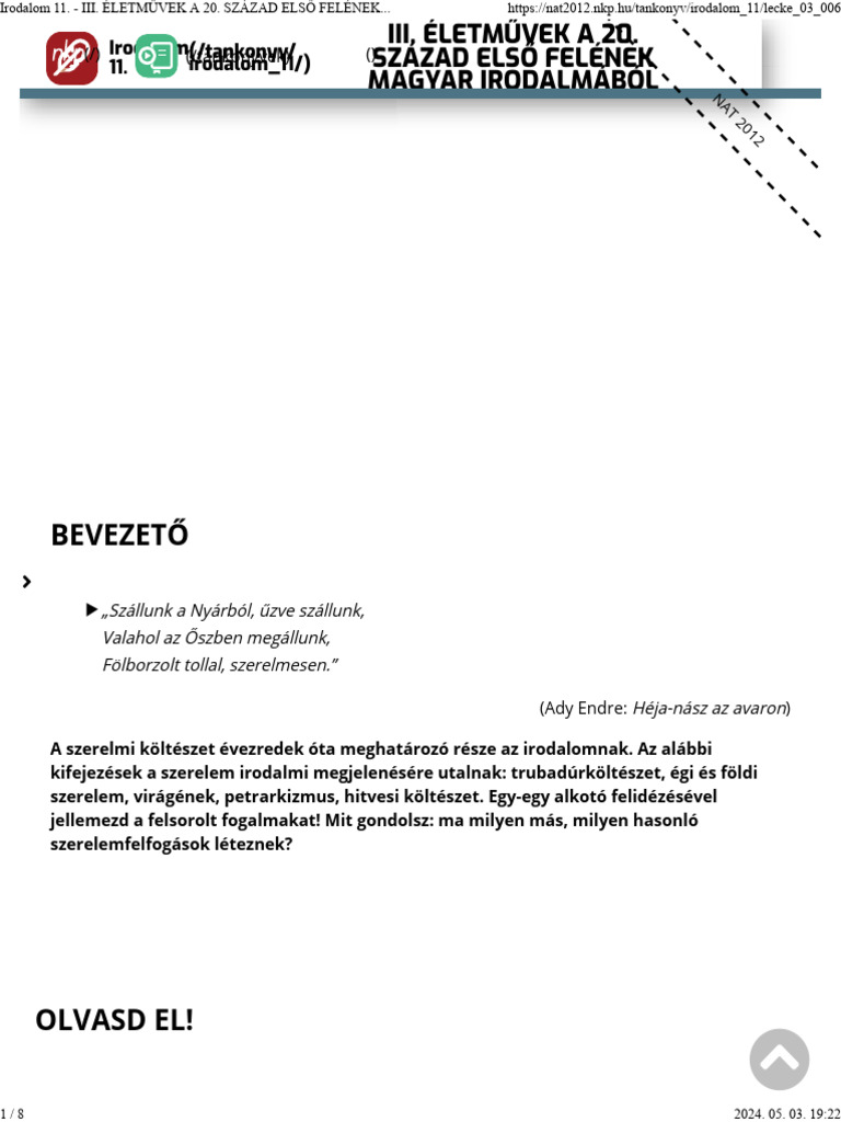 Irodalom 11. - III. ÉLETMŰVEK A 20. SZÁZAD ELSŐ FELÉNEK MAGYAR IRODALMÁBÓL - 6. Ady Endre ...