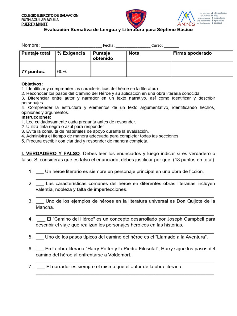 Evaluación de Literatura 7° Básico | PDF | Narración