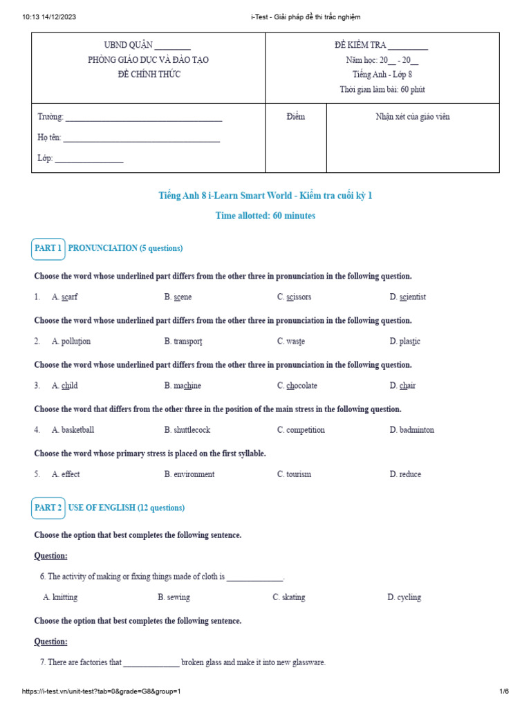 English Test for Grade 8 Students | PDF | Earth Sciences