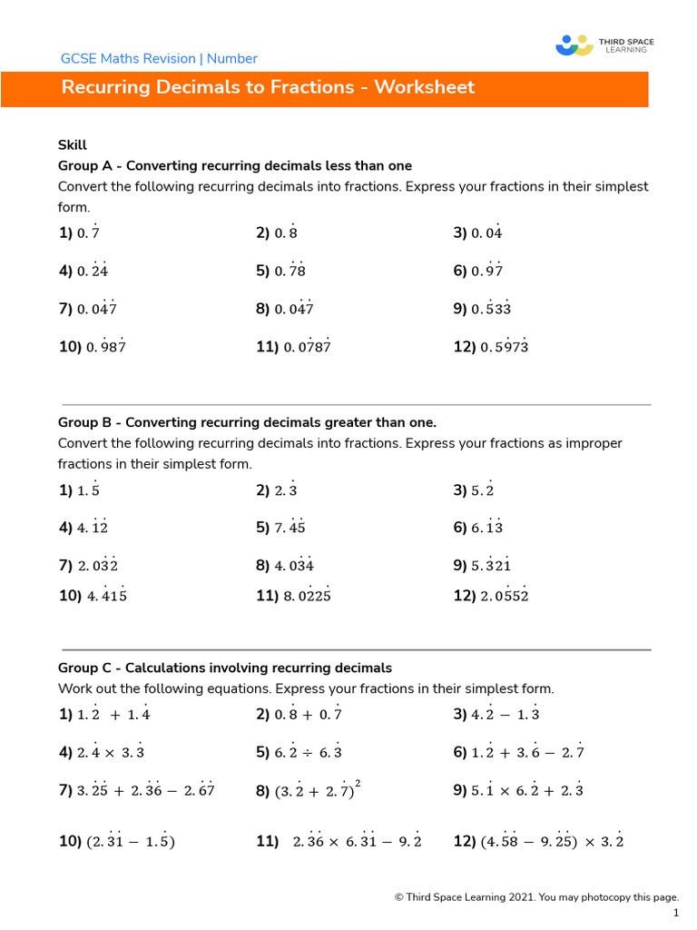 Recurring Decimals to Fractions Worksheet | PDF | Mathematics | Algebra
