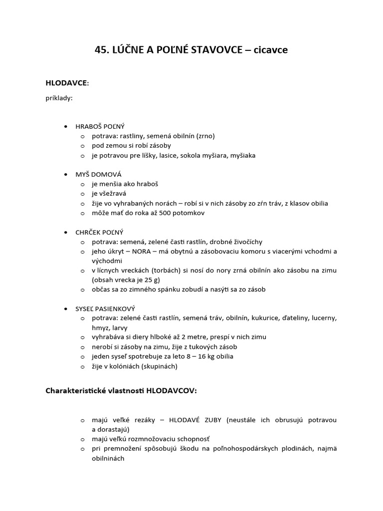 45 - BIO - 5 - Lúčne A Poľné Stavovce - Cicavce | PDF