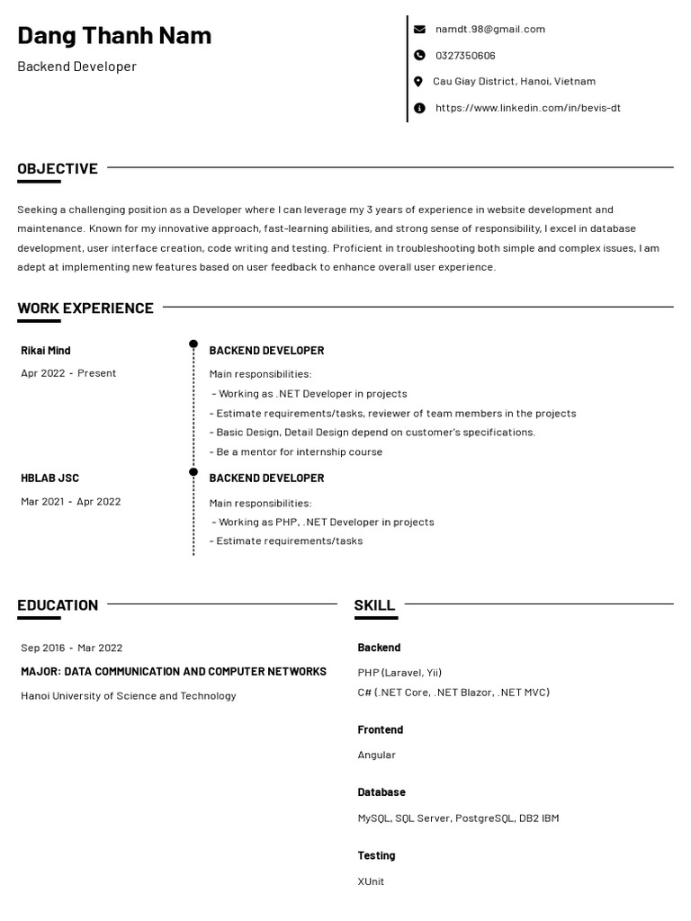 Backend Developer Resume - Dang Thanh Nam | PDF | Computing | Computer ...