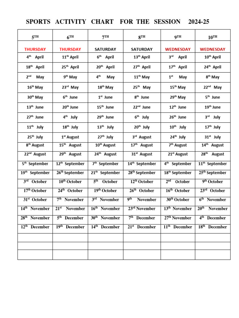 SPORTS ACTIVITY CHART - 2024-25 (5th-10th) | PDF
