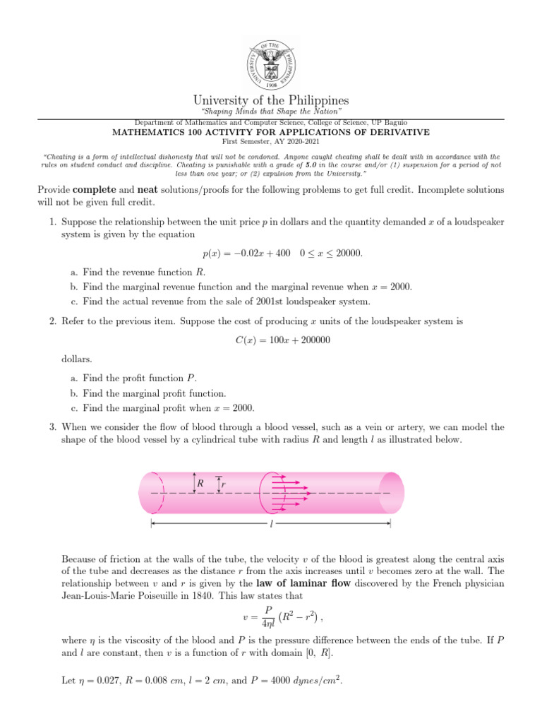 Math 100 Applications of Derivative Activity | PDF | Mathematics ...