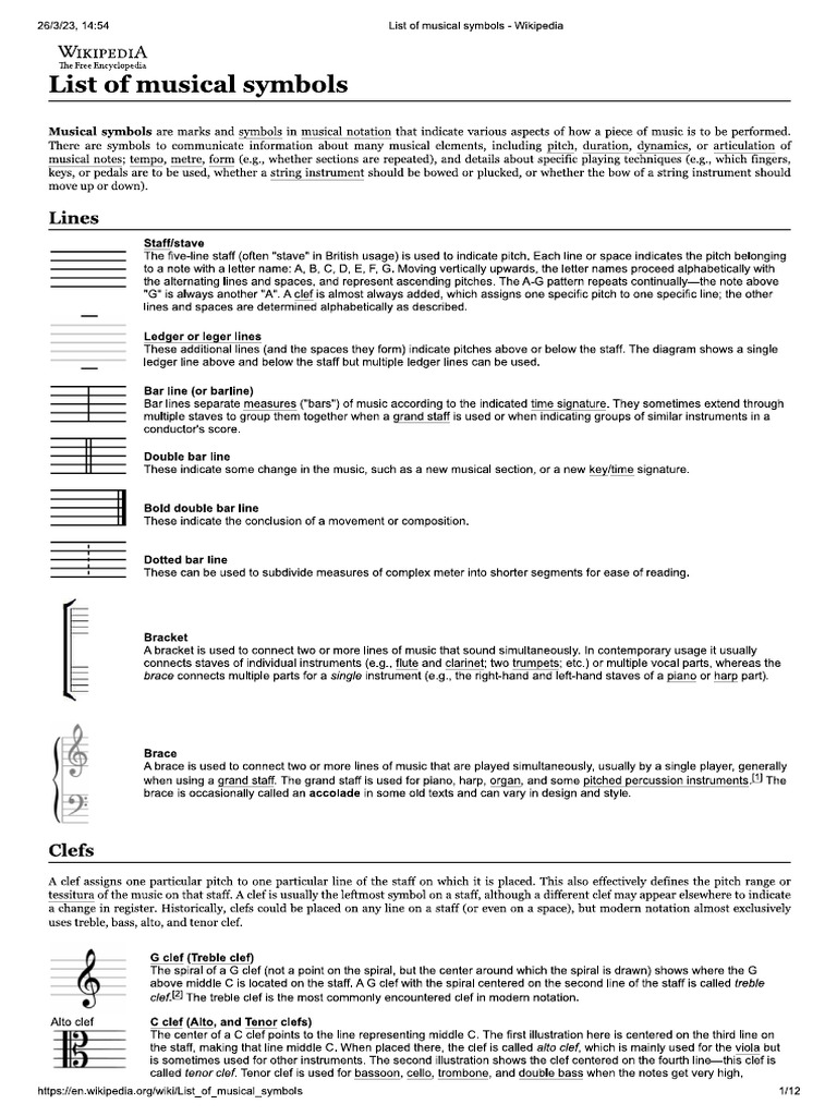 Lista de Simbolos Lenguaje Musical Wikipedia | PDF