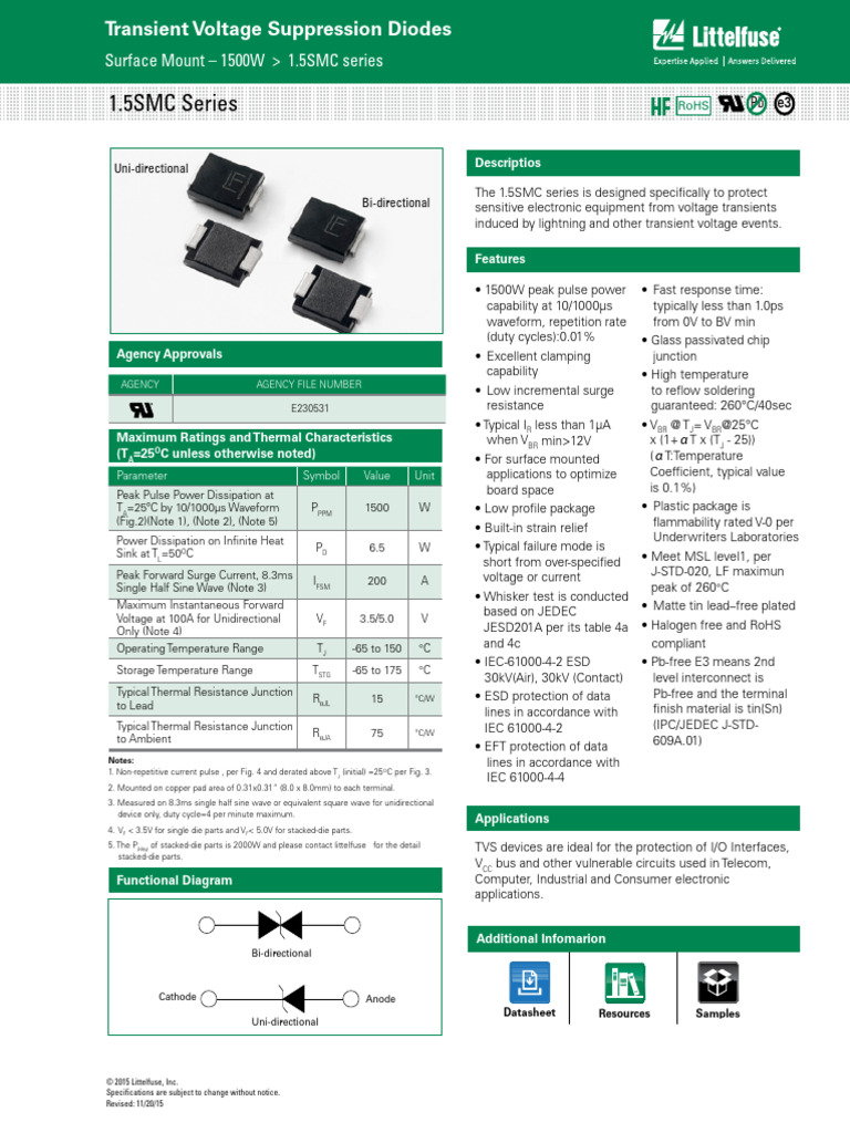 Littelfuse TVS Diode 1 5SMC Datasheet PDF | PDF | Electrical Engineering | Electricity