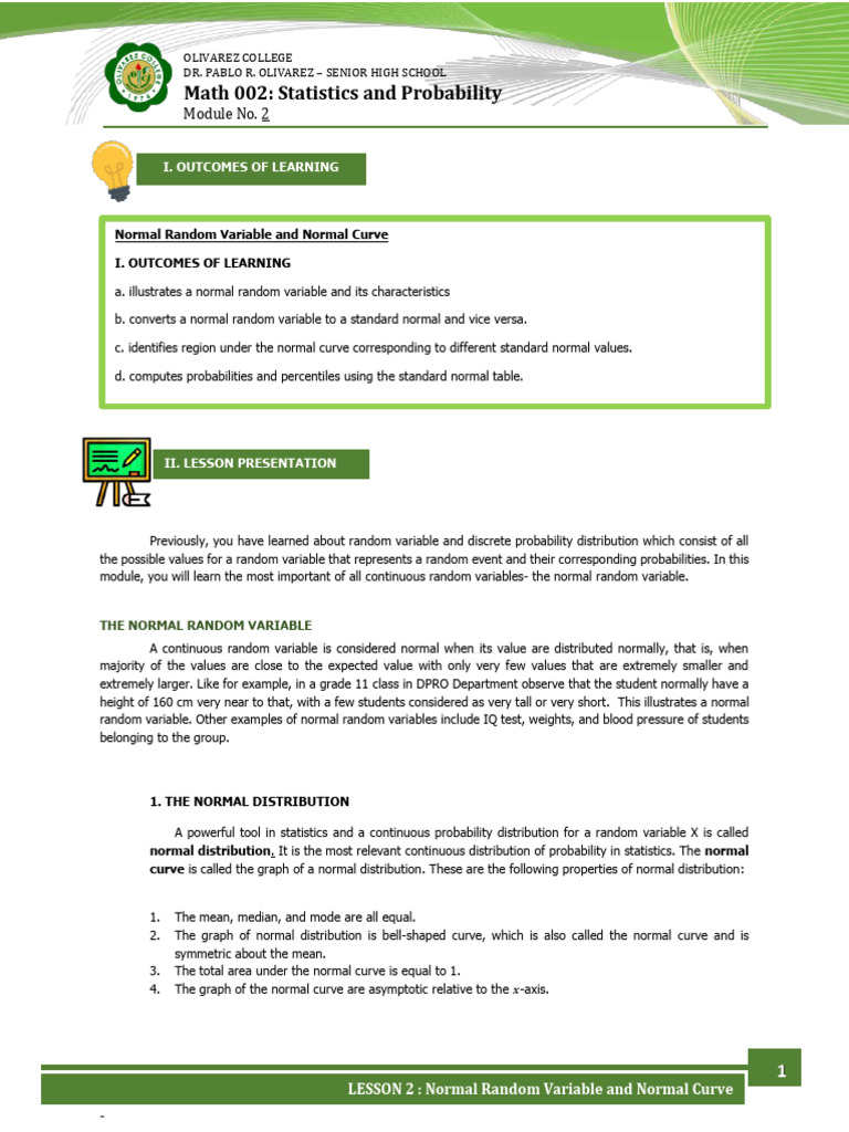 Math 002 Module No.2 | PDF | Normal Distribution | Probability Distribution