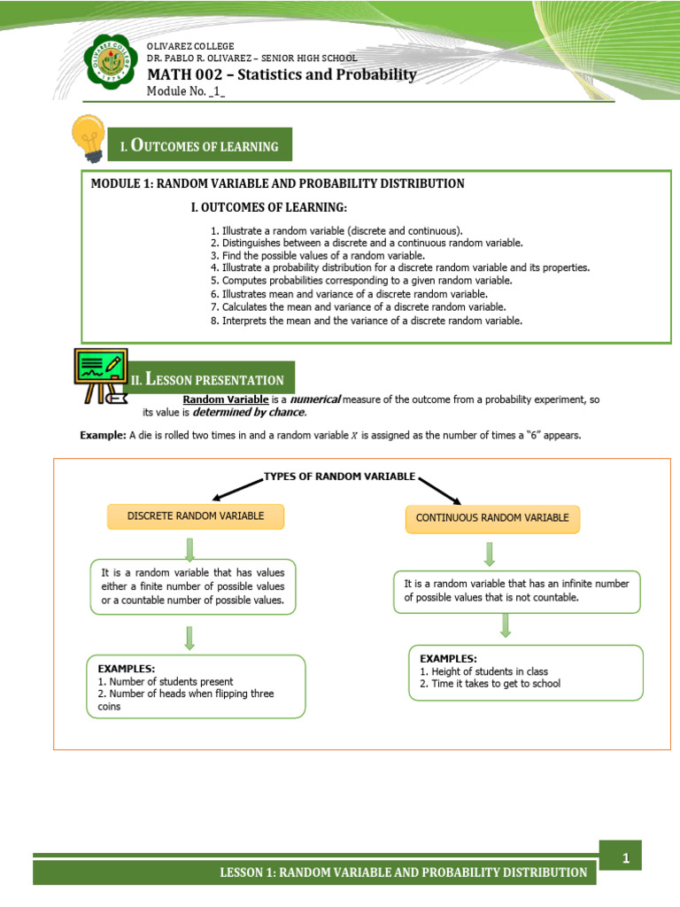 Module 1 Math 002 2nd Sem | PDF | Probability Distribution | Random ...