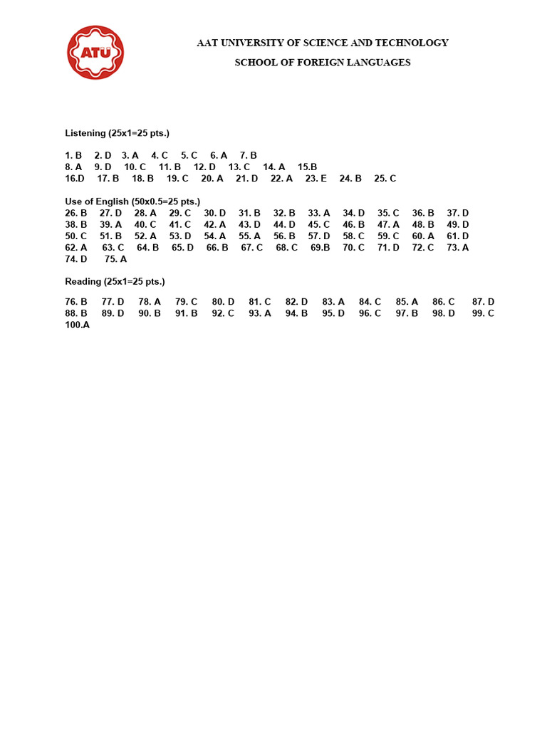 AAT Language Test Answer Key | PDF