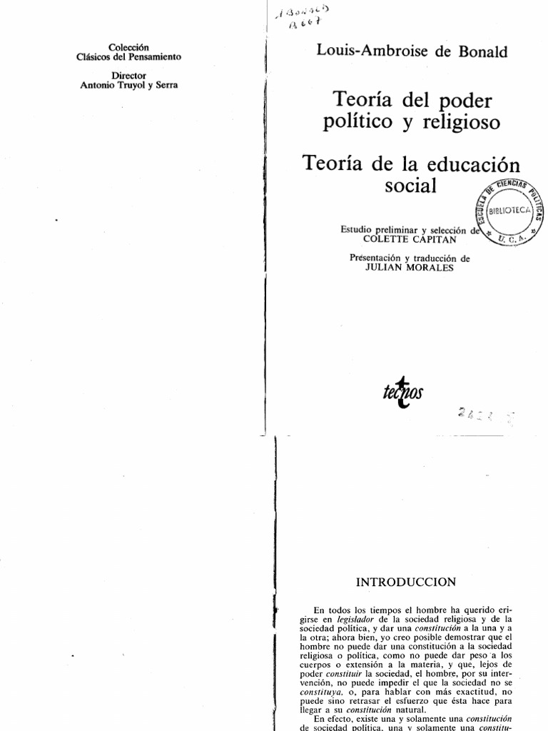 De Bonald. Teoría Del Poder Político y Religioso (Intr y Libro I) | PDF