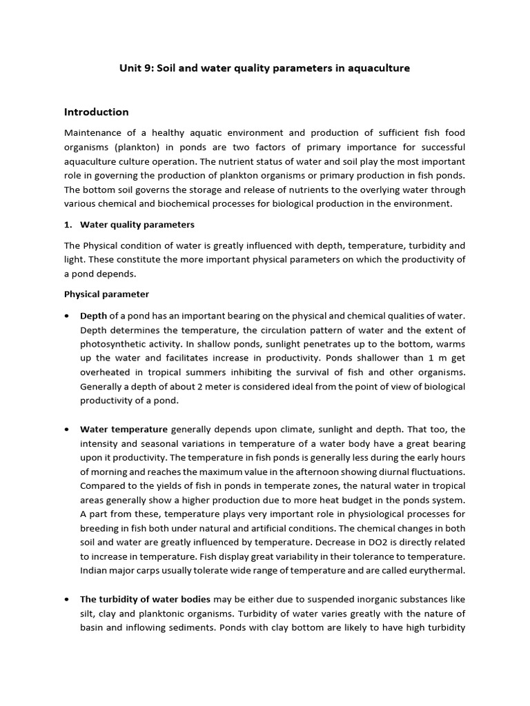 Unit 9 Soil And Water Quality Parameters In Aquaculture 1 Pdf Ph Soil