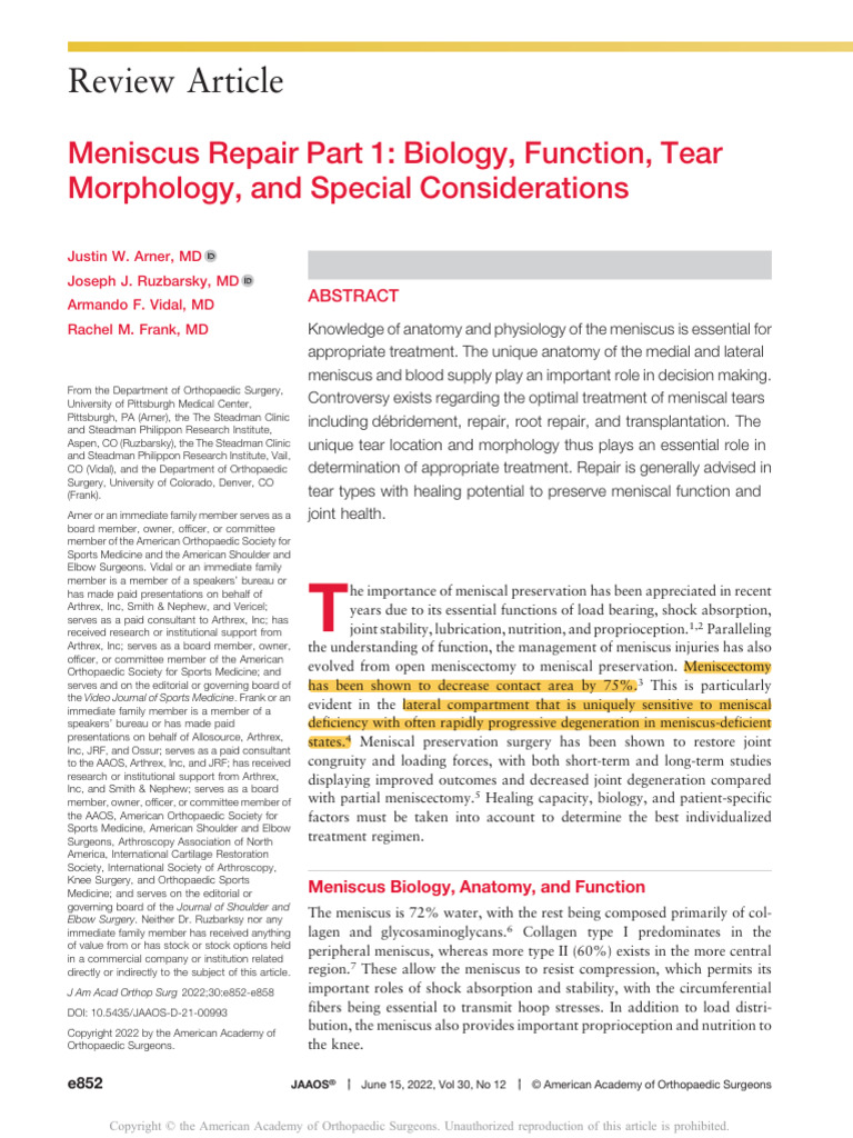 Meniscus Repair Part 1 Biology, Function, Tear.7 | PDF | Knee | Joints