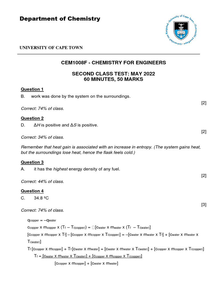 CEM1008F Class Test 2 2022 Solutions | PDF | Chemistry | Applied And ...