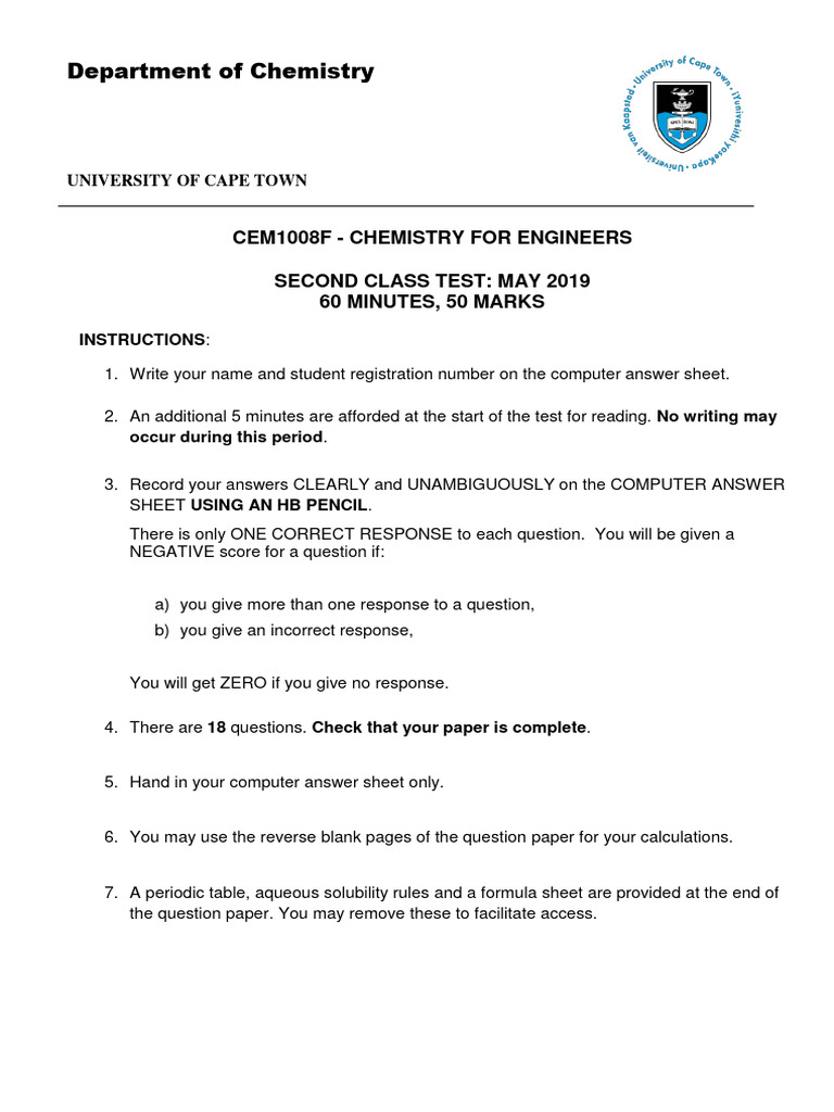 CEM1008F Class Test 2 Full Solutions 2019 | PDF | Mole (Unit) | Ammonium