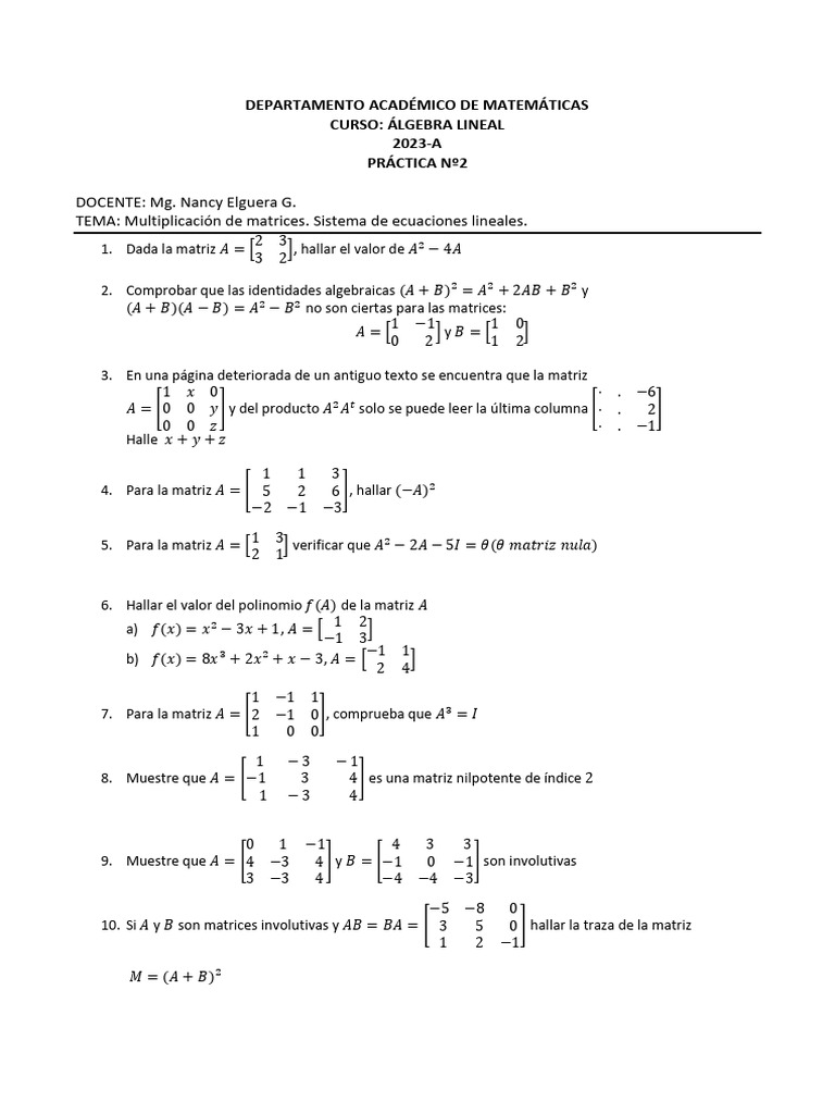 PRÁCTICA N°2 MULTIP. DE MATRICES. | PDF | Matriz (Matemáticas) | Álgebra abstracta