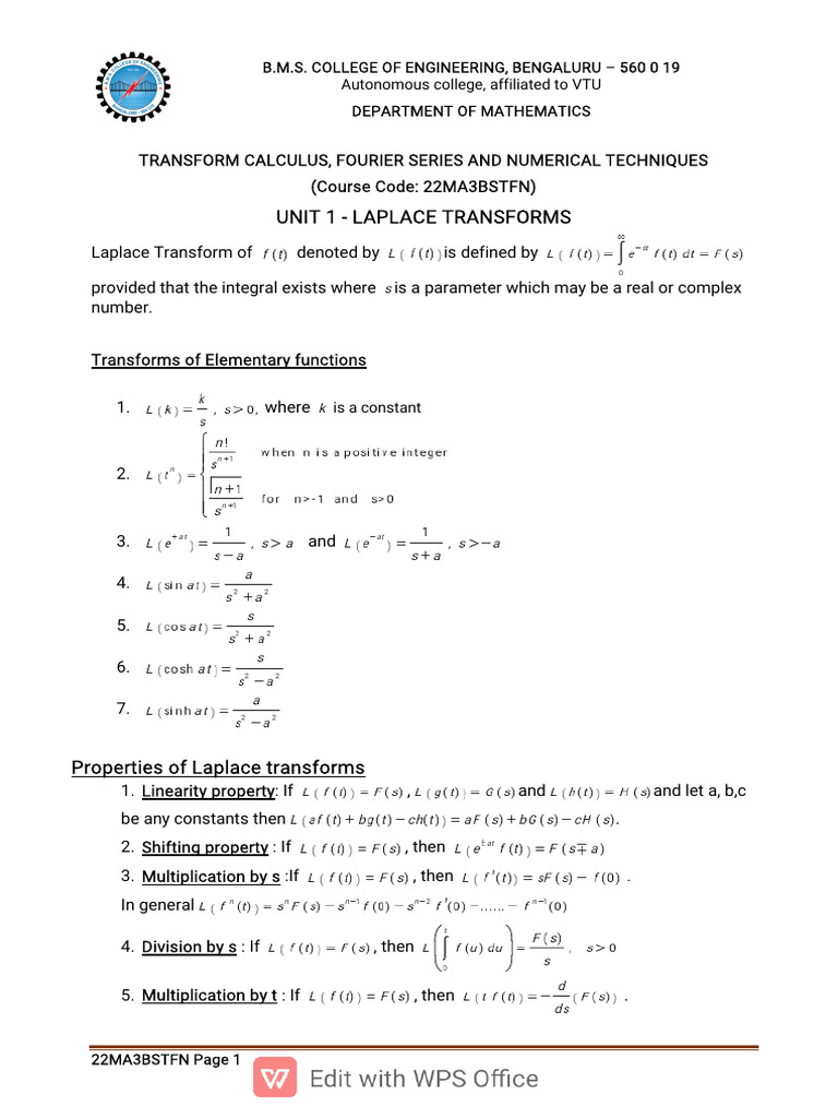 0 - 22ma3bstfn - Unit 1 Laplace Transforms - 221104 - 185346 | PDF