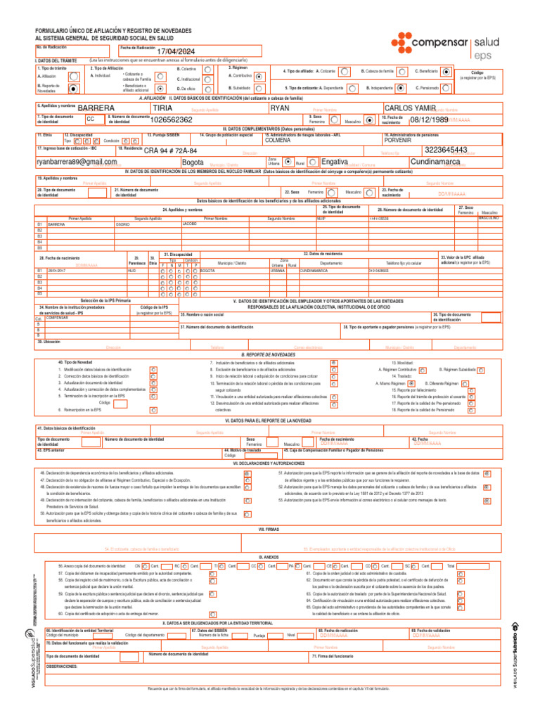 Formulario de Afiliación y Novedades EPS | PDF | Documento de identidad